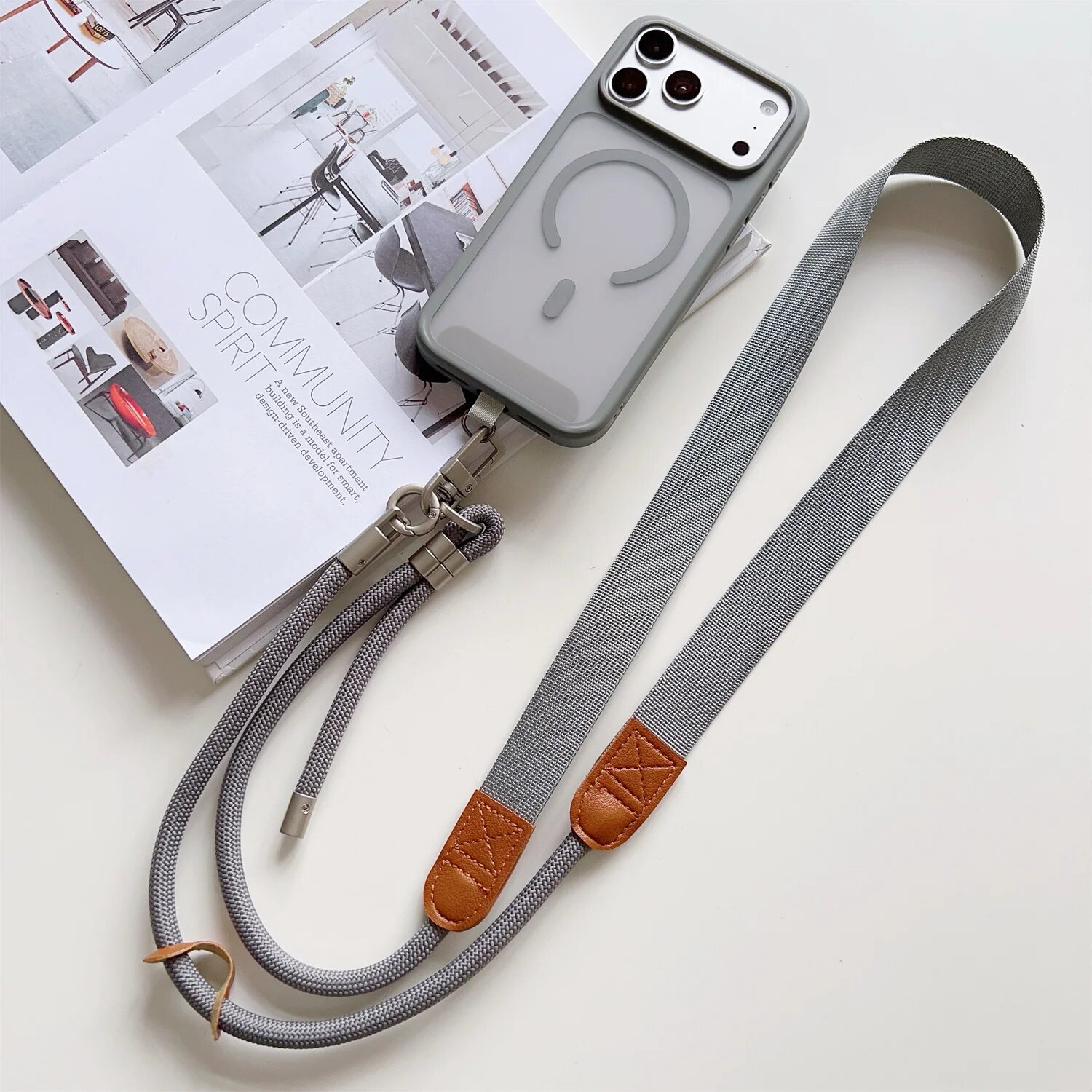 Чехол-кроссбоди с магнитным ремешком для iPhone 17 16 15 14 13 12 Pro Серый, Gray, iPhone 17 Pro