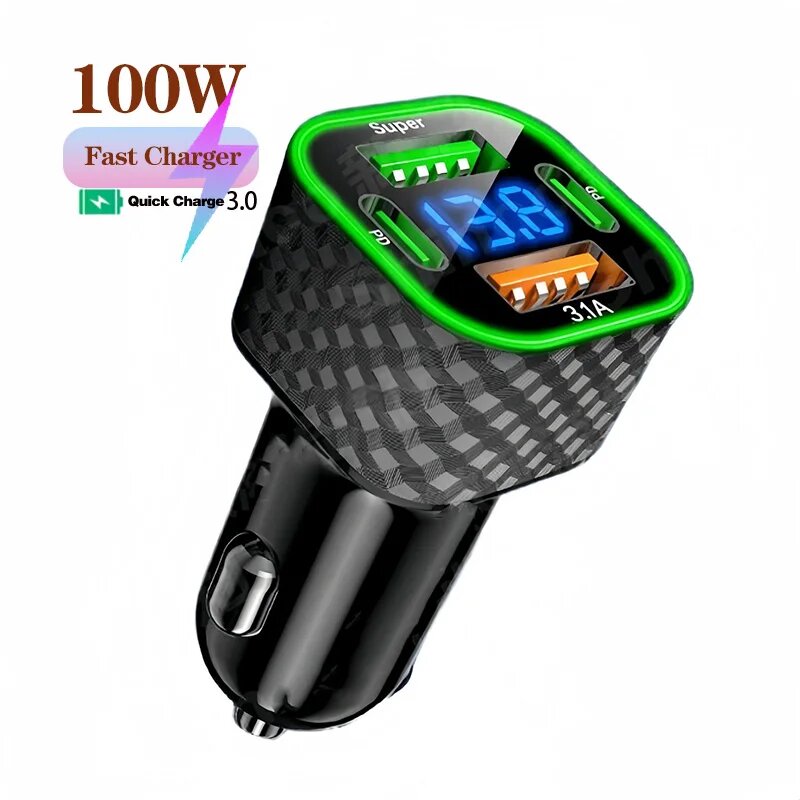 100 Вт/66 Вт, 2 порта USB, цифровое напряжение в реальном времени QC3.0 PD30W, автомобильное сверхбыстрое зарядное устройство для телефонов, адаптер автомобильного прикуривателя