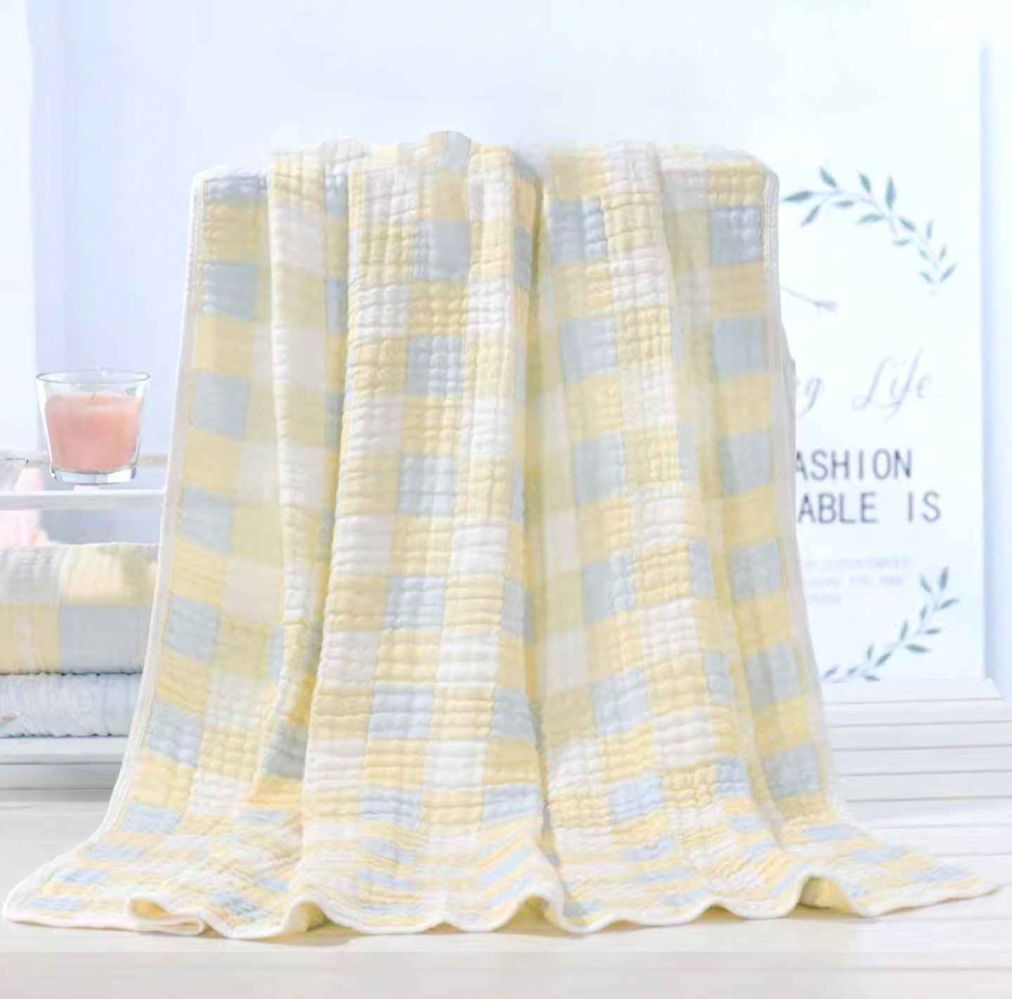 Детское многослойное полотенце Xun Hao, из мягкого хлопка сирсакер, желто-голубое в клетку, 110 х 110 см