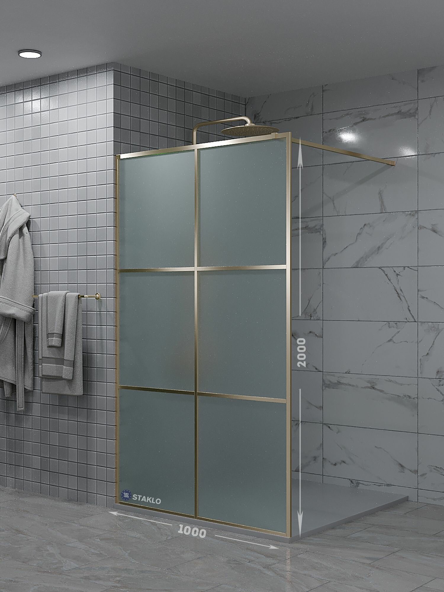 Loft душевая одиночная перегородка staklo 100x200 из матового обычного стекла бронза фурнитура