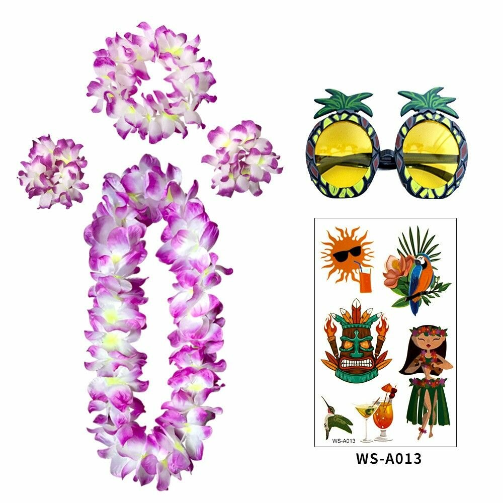 Гавайский набор пышное ожерелье + очки + переводные наклейки микс