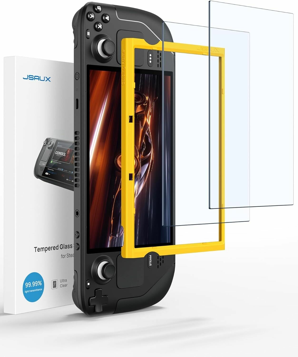 JSAUX 2-Pack Steam Deck Screen Protector, Ultra HD Glass Protector, твердость 9H, простая установка с направляющей рамкой, устойчивое к царапинам закаленное стекло для Steam Deck