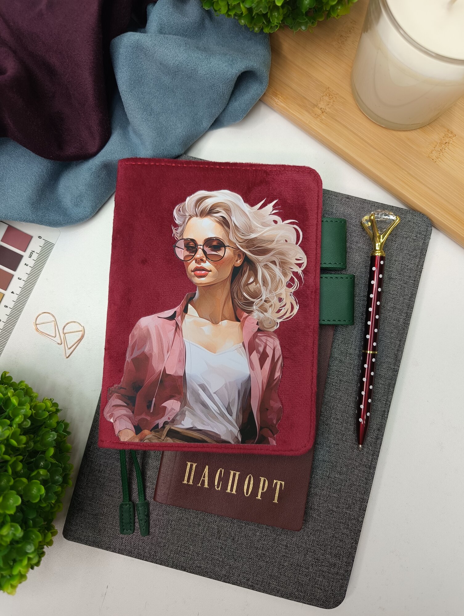 Обложка на документы на блокнот А6 Бардовый, холдер, кожаная обложка планера