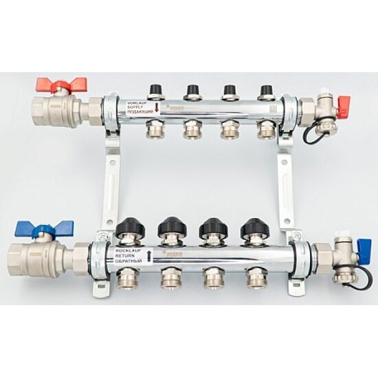 Коллектор Rehau 1", HKV 2, выход-3/4" ЕК, PN, бар-10, T°C +95, с шаровыми кранами и запорно-регулирующими вентилями, нержавеющая сталь