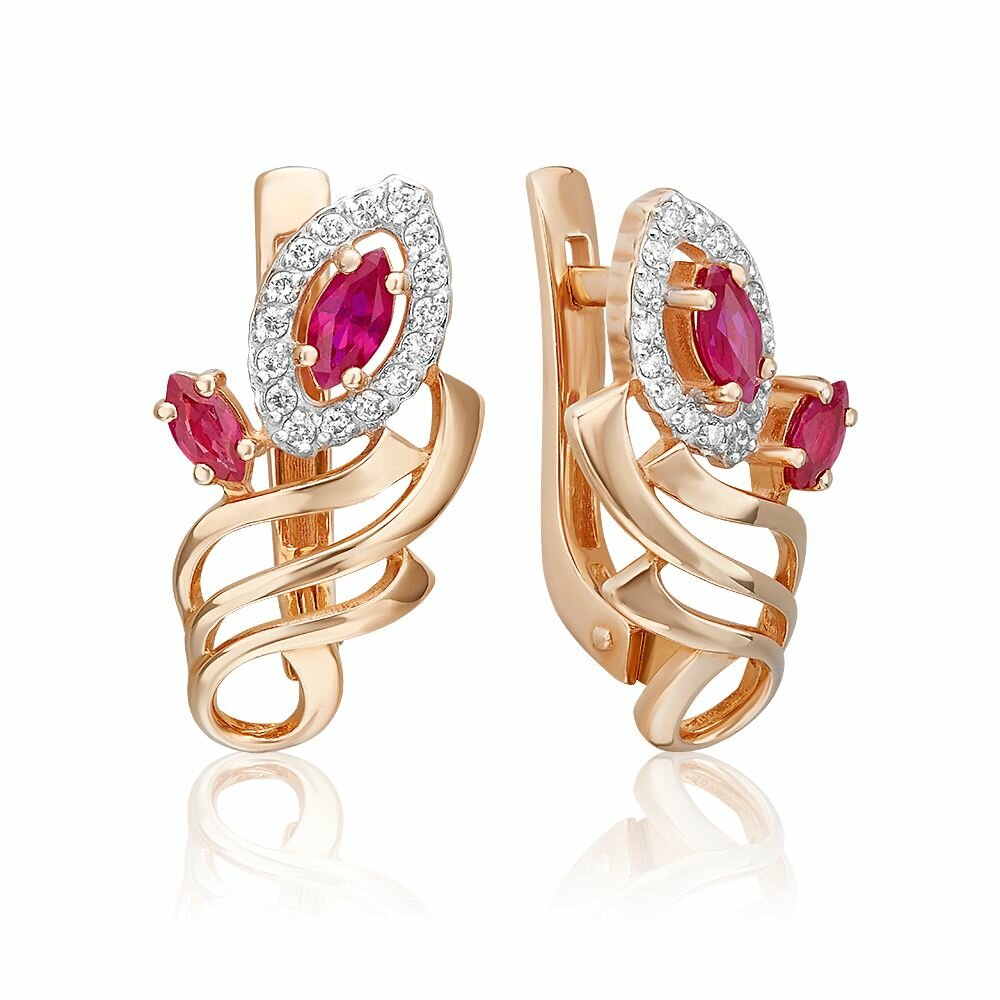 Серьги, красное золото, 585 проба, рубин, бриллиант