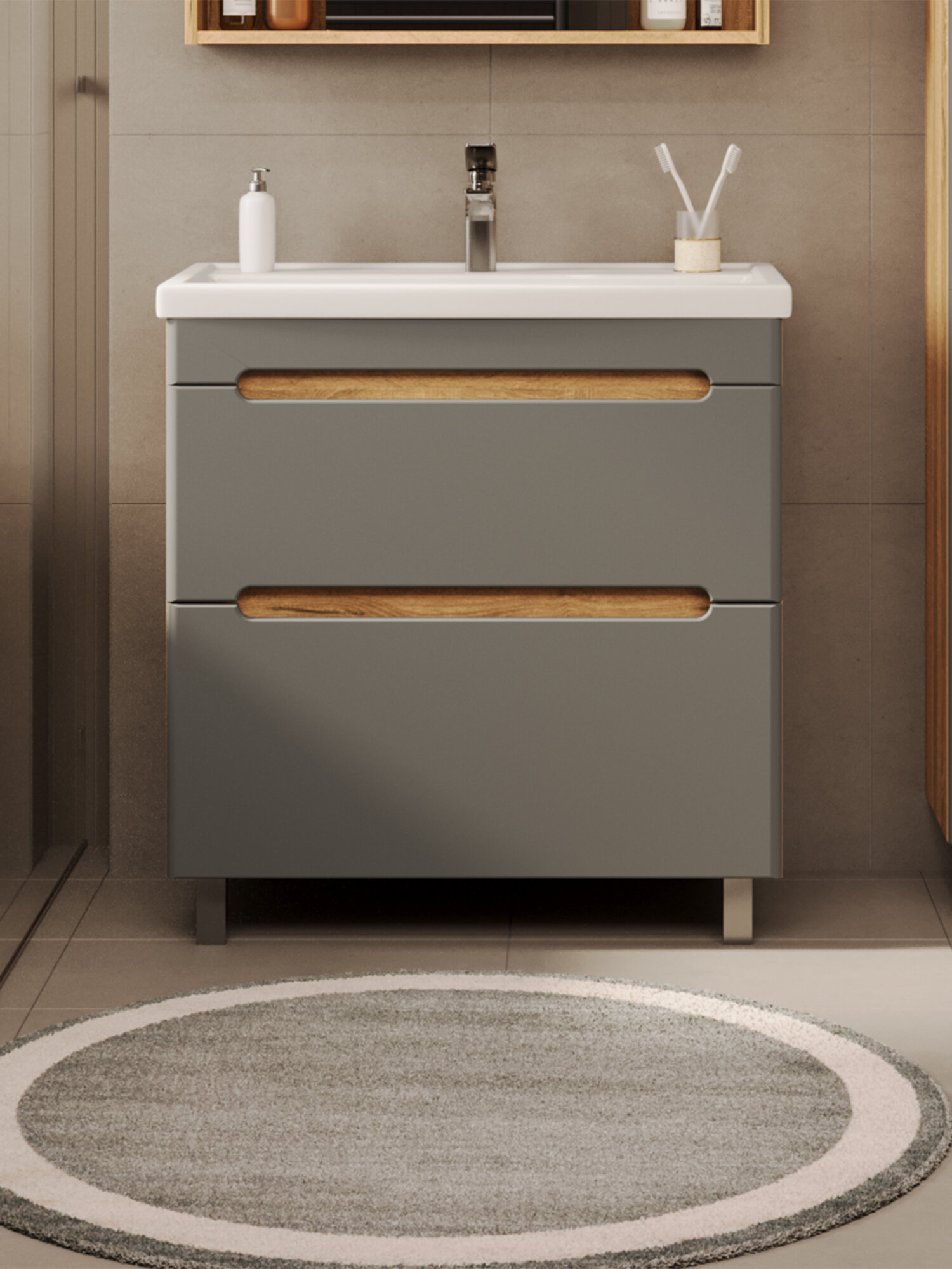 Тумба напольная Vannika Canto 70 с раковиной Фостер 70 для ванной комнаты, дуб вотан, графит софт
