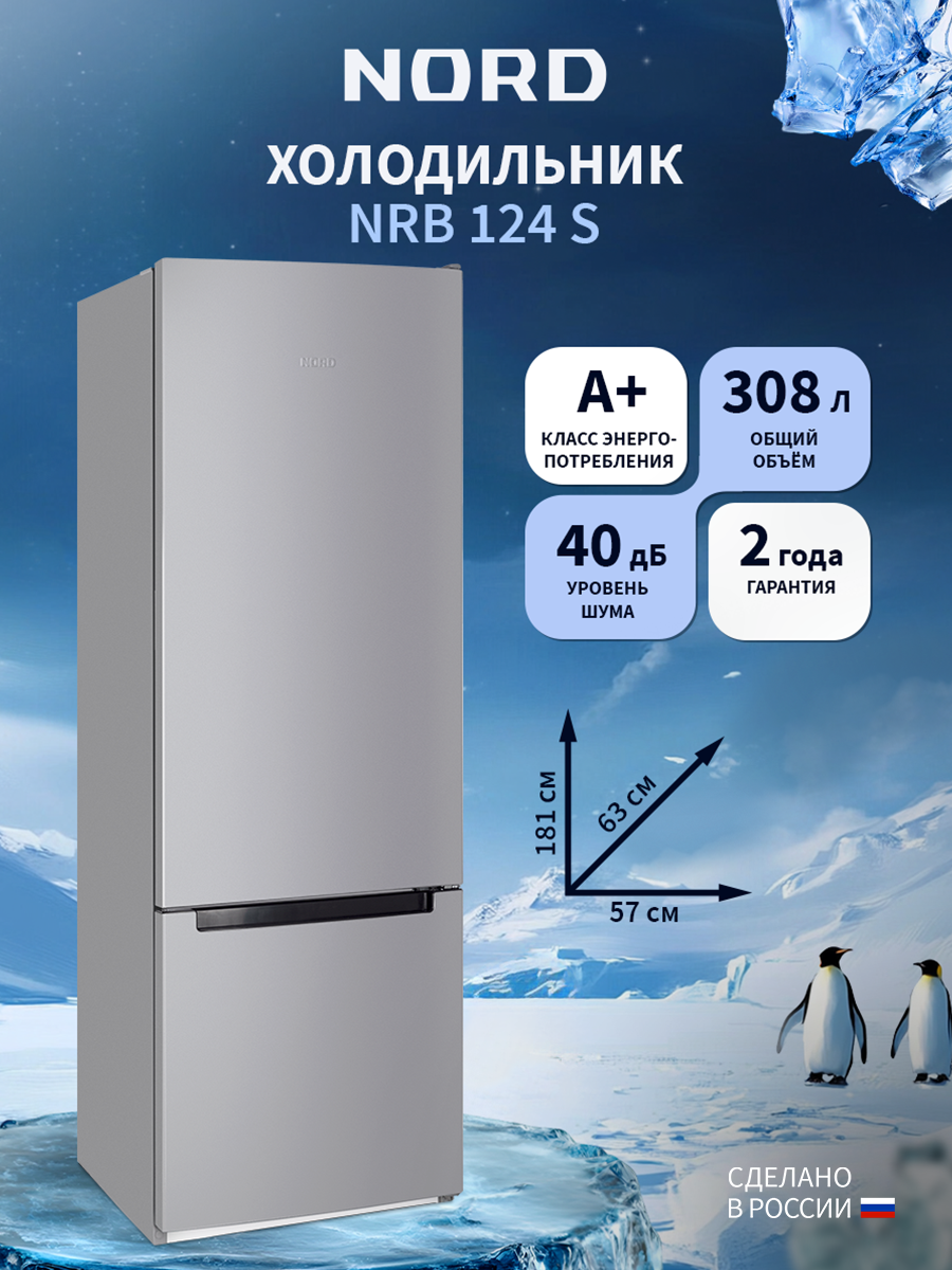 Холодильник NORD NRB 124 S, объем 308 л, перенавешиваемые двери, двухкамерный, серебристый
