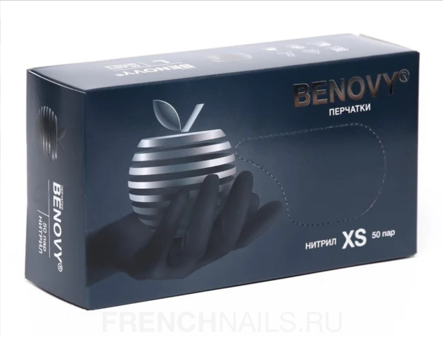 BENOVY перчатки нитриловые, XS черные, неопудренные, текстурированные на пальцах, 50 пар,