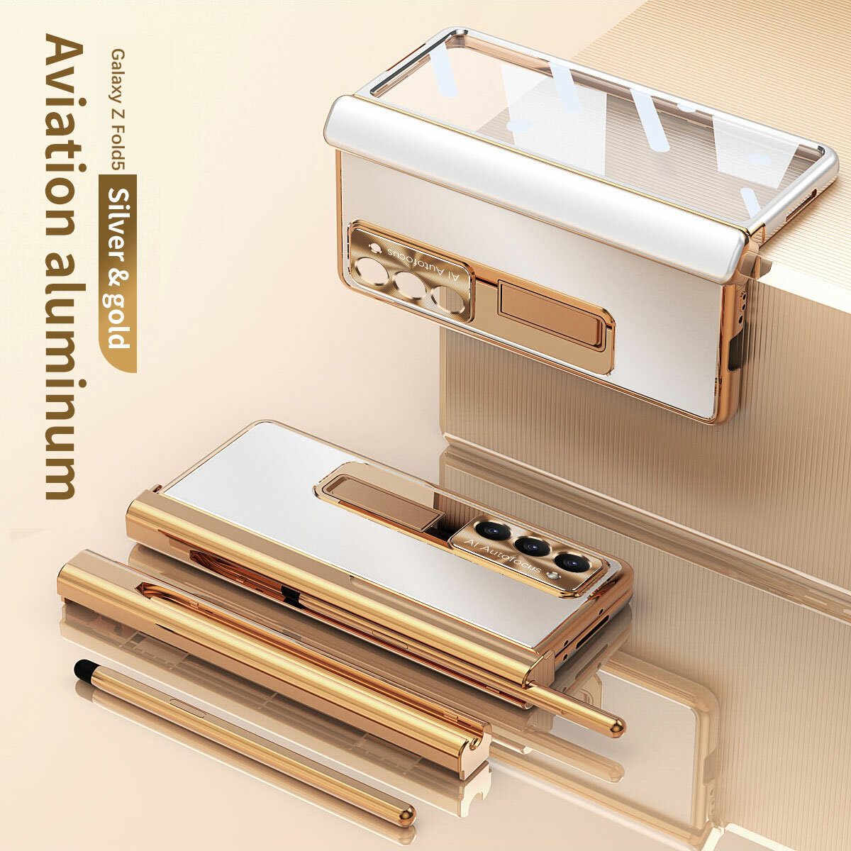 Чехол для Samsung Galaxy Z Fold5/Самсунг Галакси З Фолд 5, soft touch, чехол-кардиомонитор, поликарбонат (PC), защита камеры, ударопрочный, усиленные углы, Samsung, Samsung Galaxy Z Fold5, Silver & gold