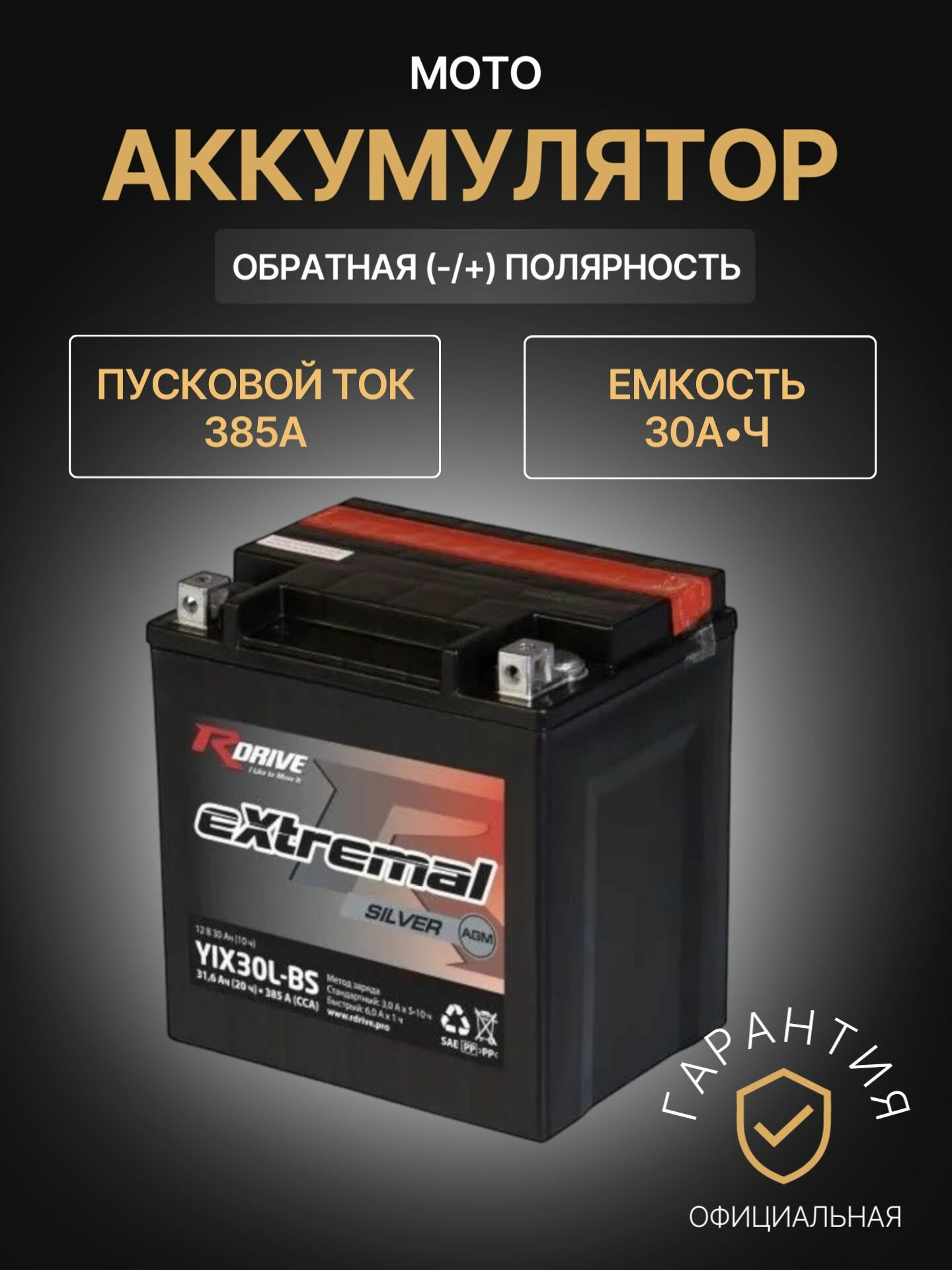 Аккумулятор для мототехники RDrive Silver YIX30L-BS 12В 30Ач 385А, Обратная полярность