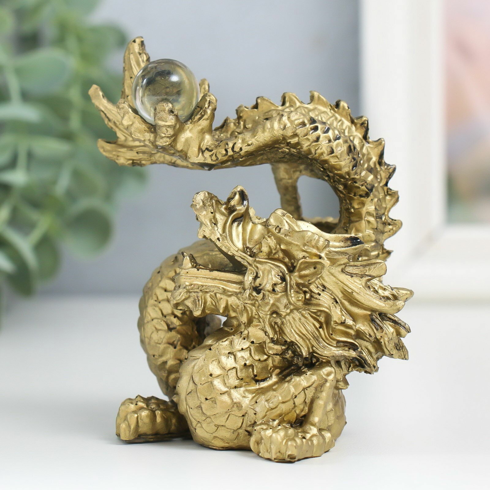 Нэцкэ фигурка "Дракон с шаром", полистоун, под бронзу, 10.5x7.5x6.5 см