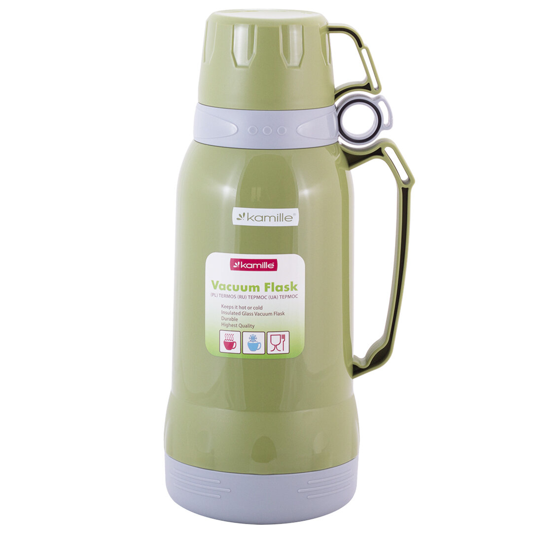 Термос 1800 мл. со стеклянной колбой Kamille KM 2024 пластиковый, 2 чашки (2024 / зеленый)