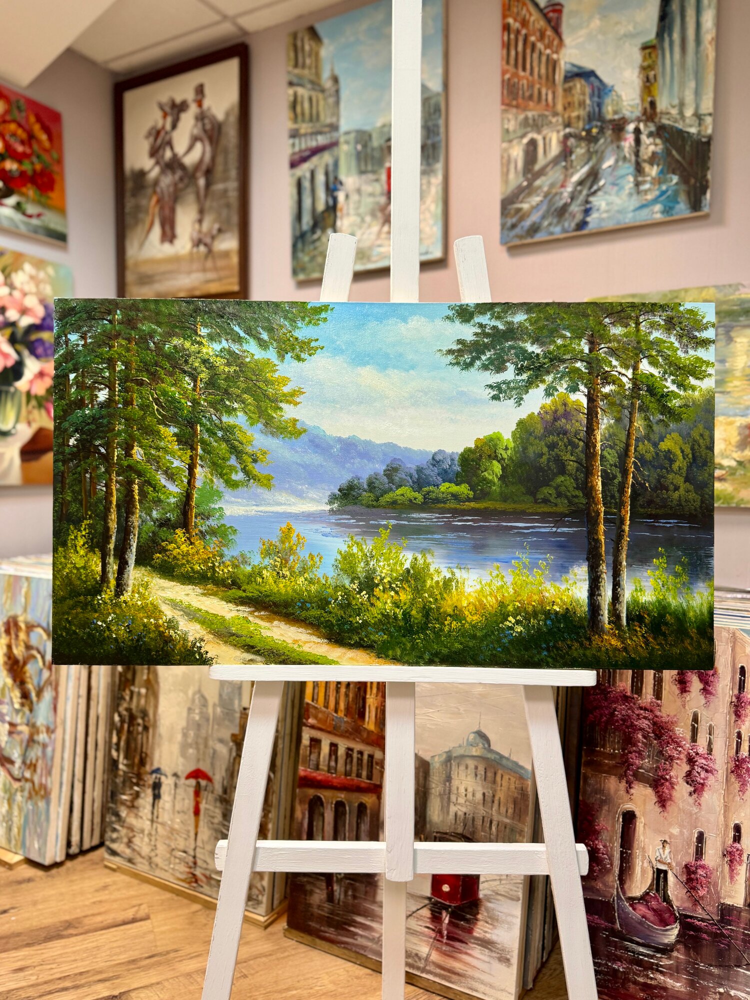 Картина маслом природа Летний пейзаж тропинка лес река 90x50 см. Дачный домик в деревне. Художественная мастерская Грёзы.