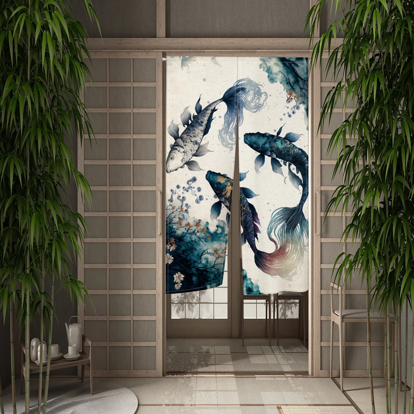 Льняная японская дверная занавеска с рыбками кои, 7, 75x150cm