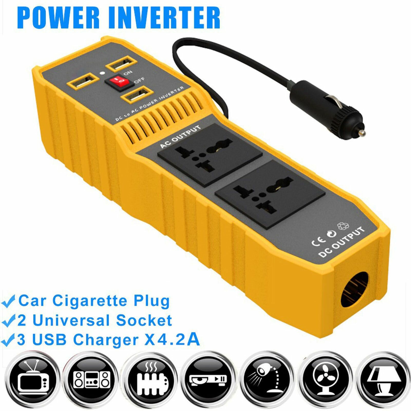 Автомобильный инвертор 200Вт, 12В-220В, 3 USB, 2 розетки