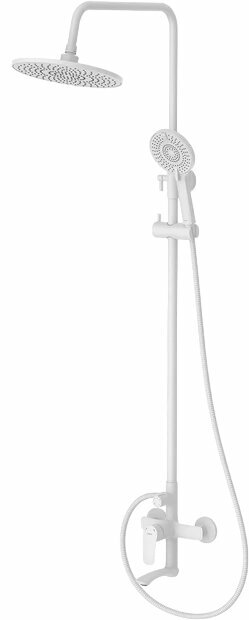 Душевая стойка Milardo Rora RORWT4FM06 со смесителем, белая, матовая, с тропическим душем, с изливом, с лейкой, душевая система, латунная, рычаг сбоку