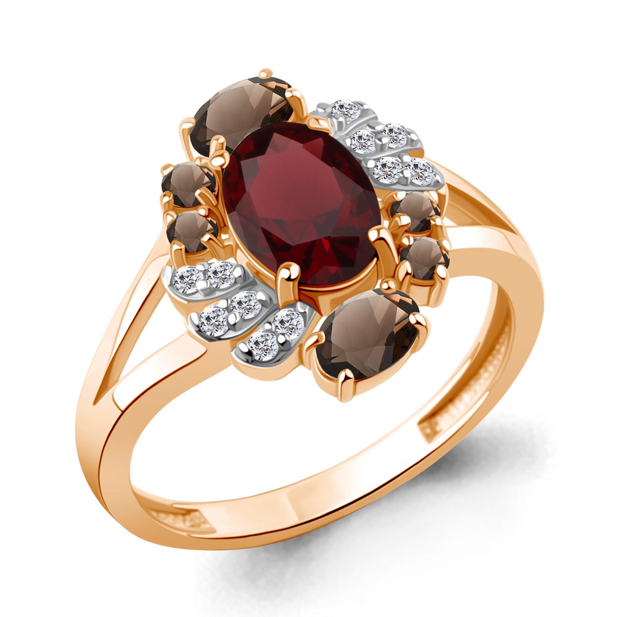 Кольцо, серебро, 925 проба, золочение, кварц, гранат, фианит