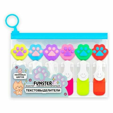 6 шт. Набор текстовыделителей с топперами 6 цветов неон, "лапки", линия 1-4 мм, FUNSTER (фанстер), 152645