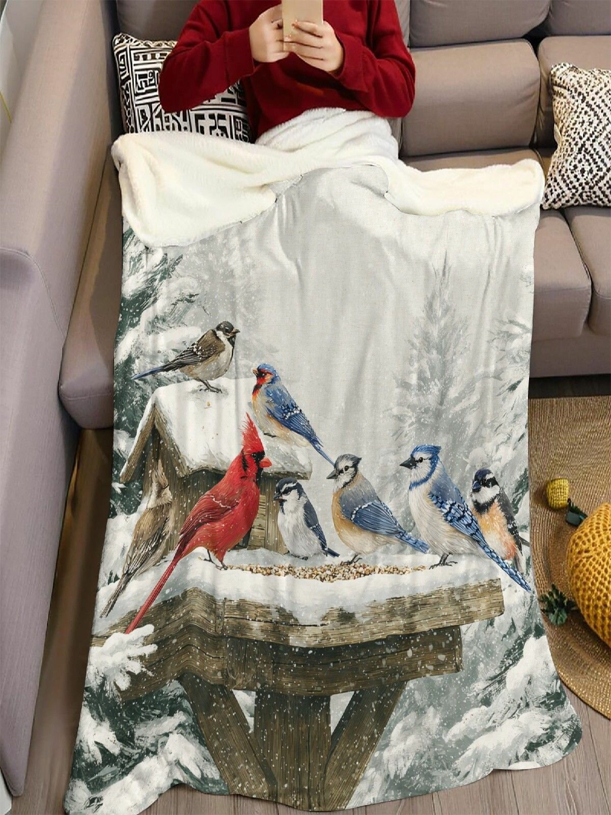 Плед фланелевый 240 x 220 cm с Снежная птица 3D-принтом пушистое покрывало для дивана