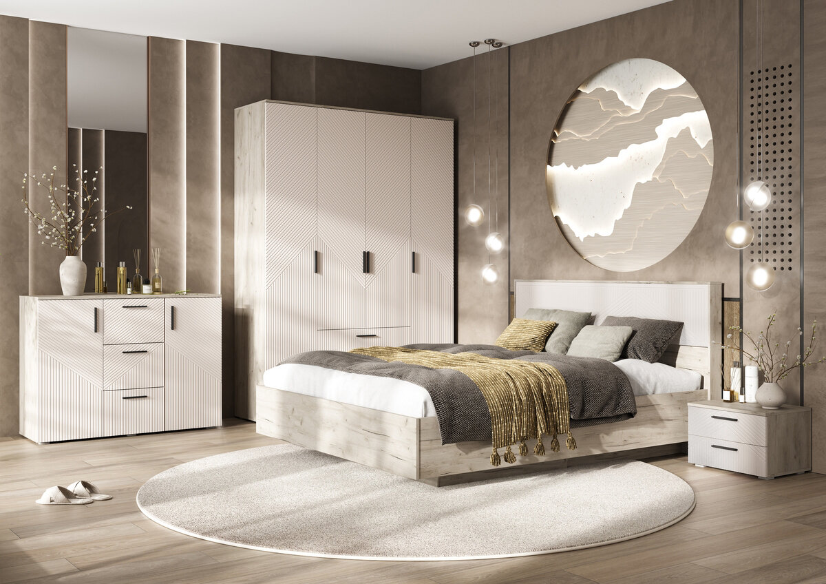 Комплект мебели для спальни Сильвия, кровать, комод, тумба, шкаф (Кашемир/Дуб Крафт серый, Дуб Крафт серый)