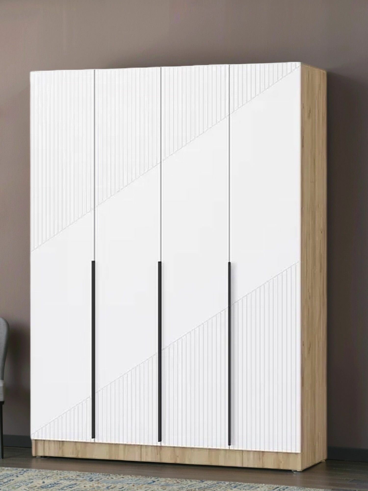 Шкаф 4-х створчатый с антресолью Авис 1,6 Белый soft-touch/Дуб Крафт, с ручками, ЛДСП/МДФ