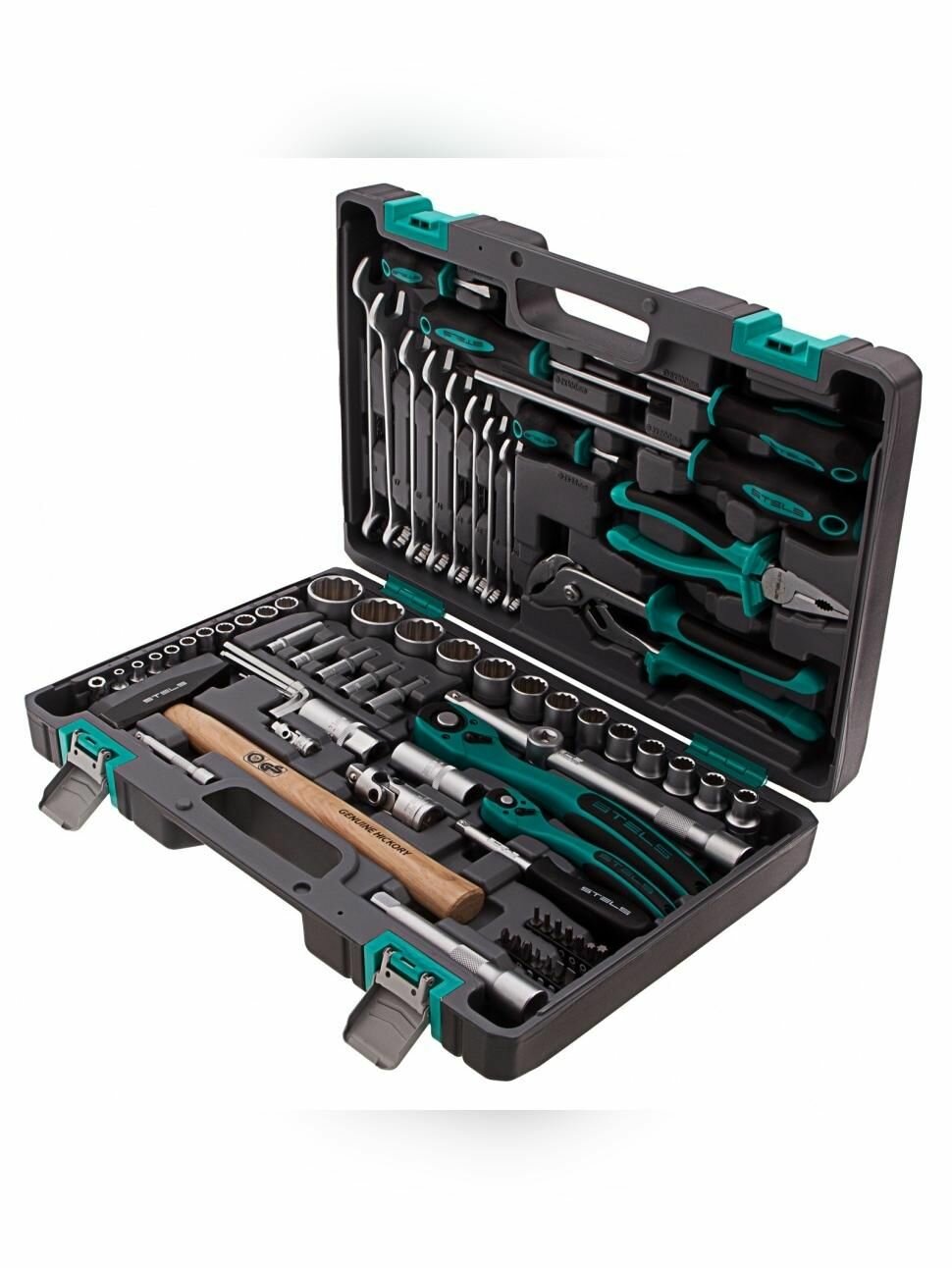 Набор инструментов, 1/2, 1/4, CrV, пластиковый кейс, 76 предметов, двенадцатигранные головки Stels 14116