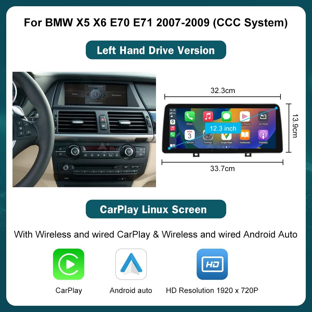 RoadTop Wireless Carplay для BMW X5 X6 E70 E71 2007-2013 CCC CIC System Мультимедийный дисплей Сенсорный экран Android автоматический головное устройство 12.3 CCC LHD