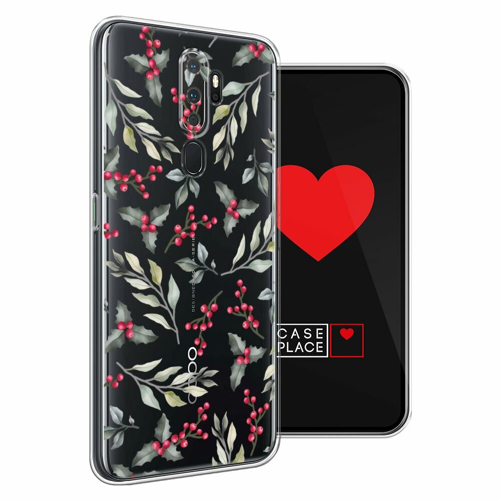 Чехол на Oppo A5 (2020)/A9 (2020) / Оппо A5 (2020)/A9 (2020) с принтом Зимние ягоды паттерн, прозрачный — фото 1