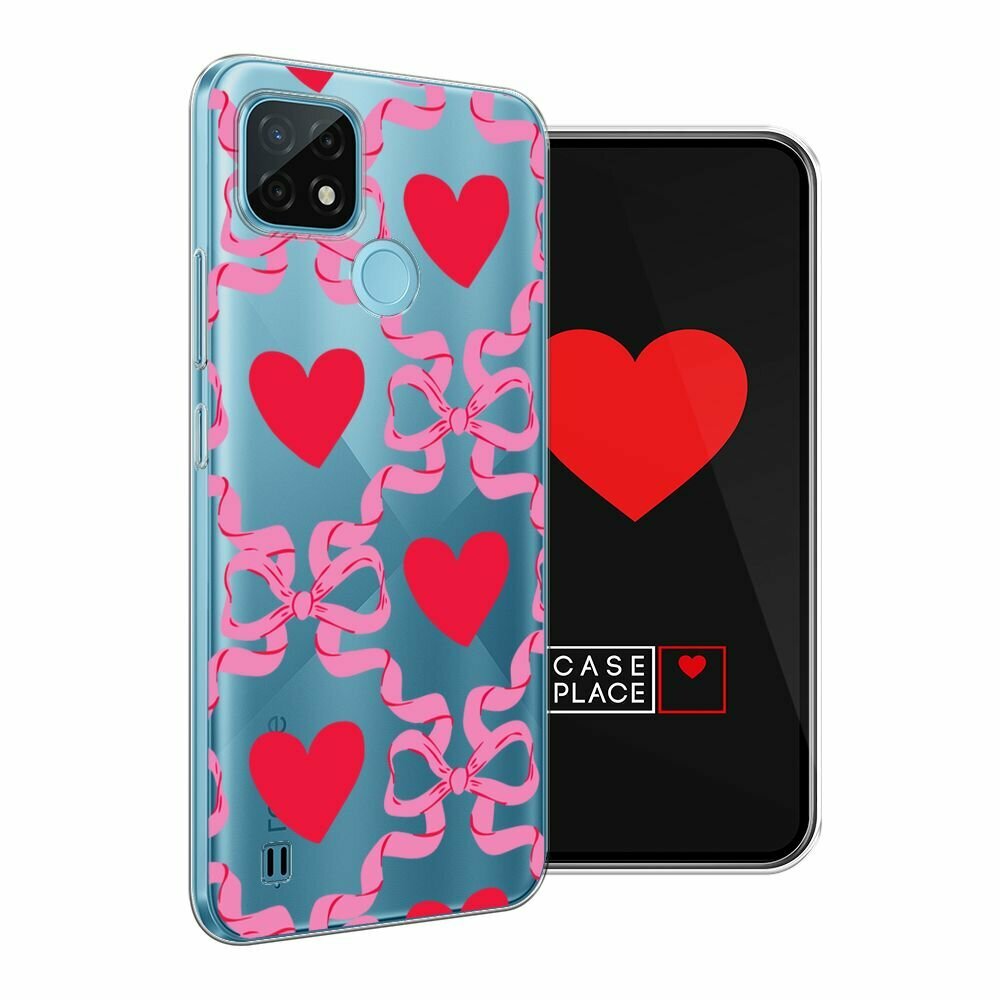 Чехол на Realme C21 / Реалми С21 с принтом "Hearts and ribbons 2 - 14 февраля", прозрачный — фото 1