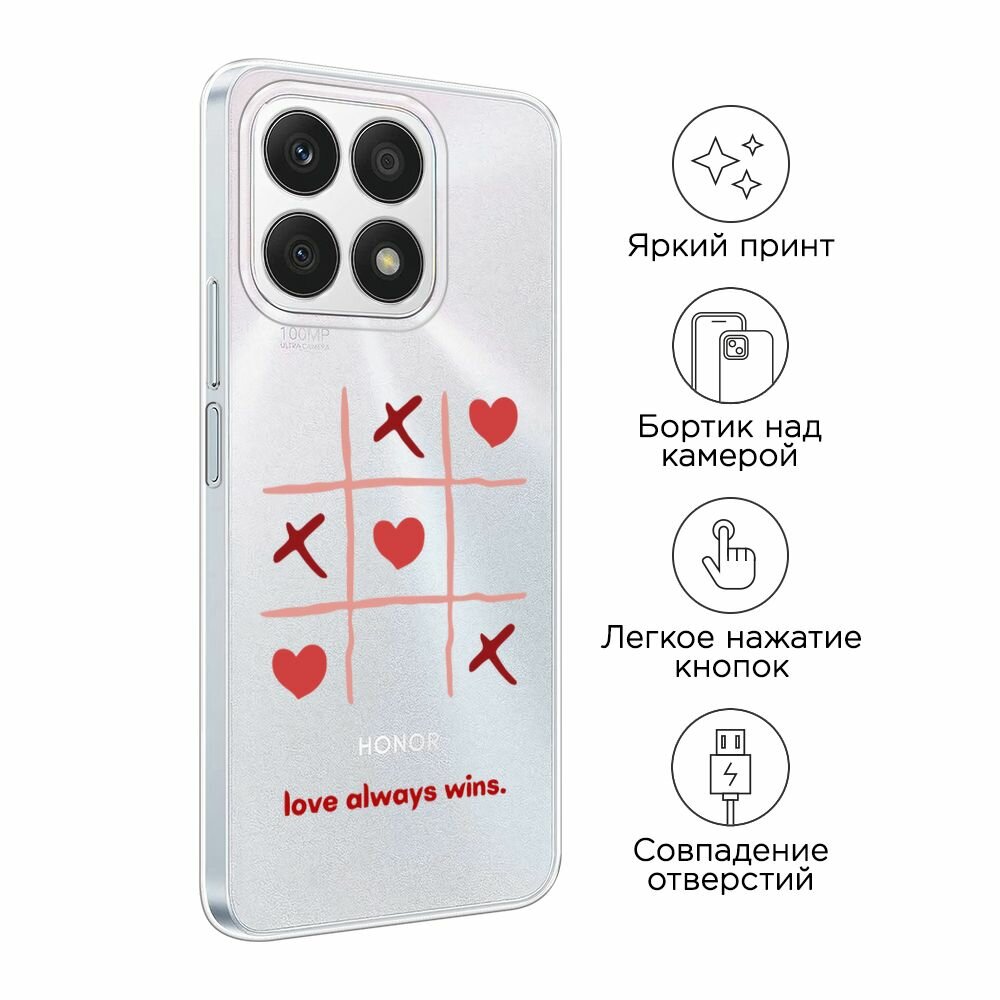 Чехол на Honor X8A / Хонор X8A с принтом "love always wins - 14 февраля", прозрачный — фото 1