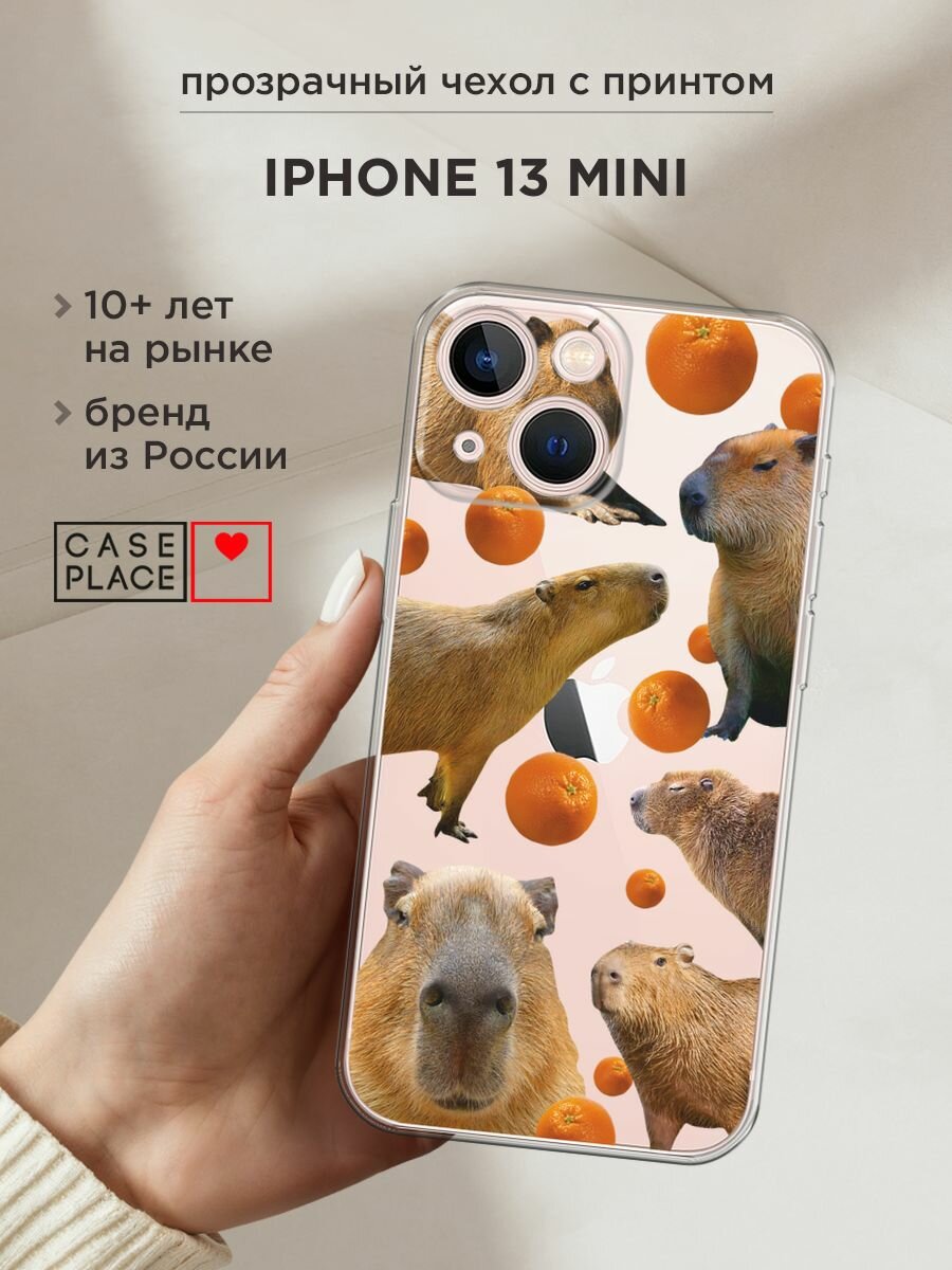 Чехол на Apple iPhone 13 mini / Айфон 13 мини с принтом "Капибара и апельсины", прозрачный