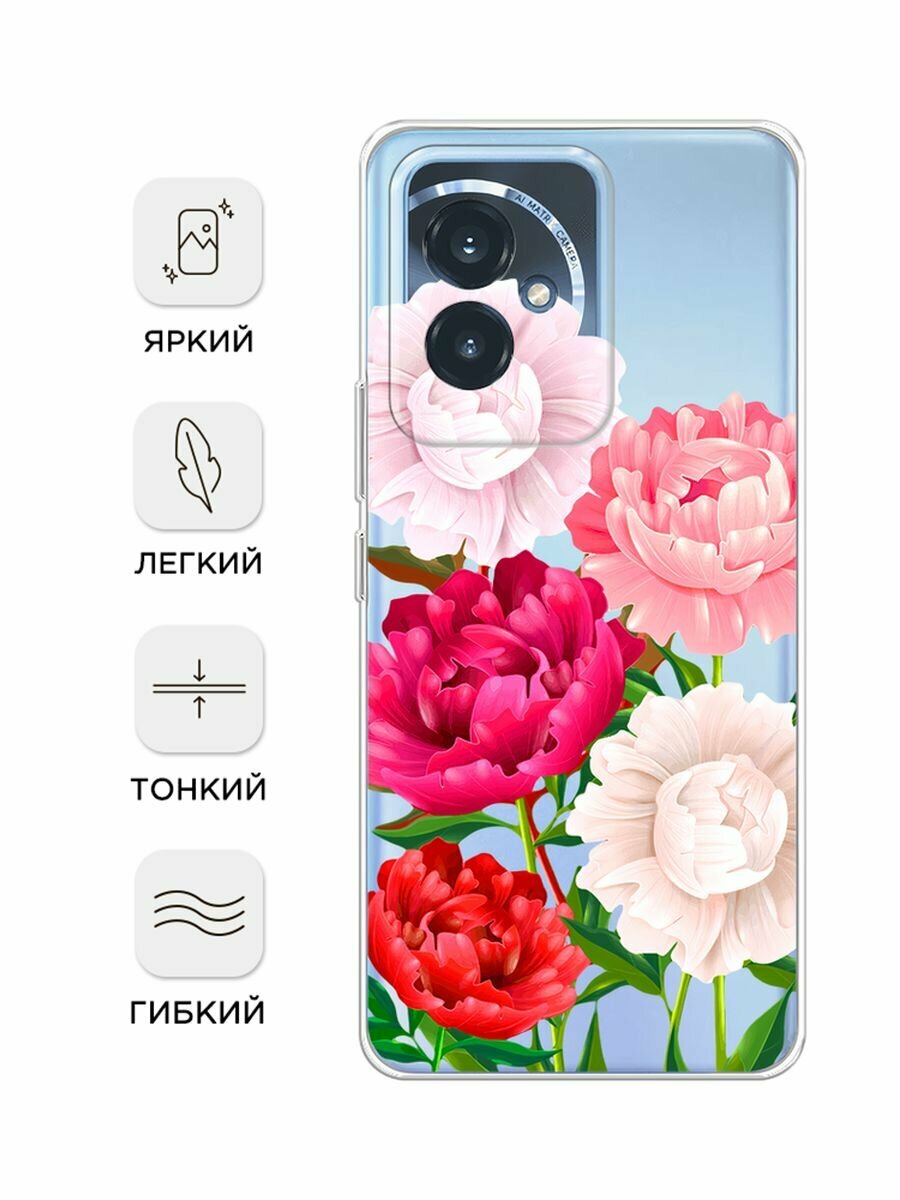 Чехол на Honor 100 / Хонор 100 с принтом "Большие пионы", прозрачный — фото 1