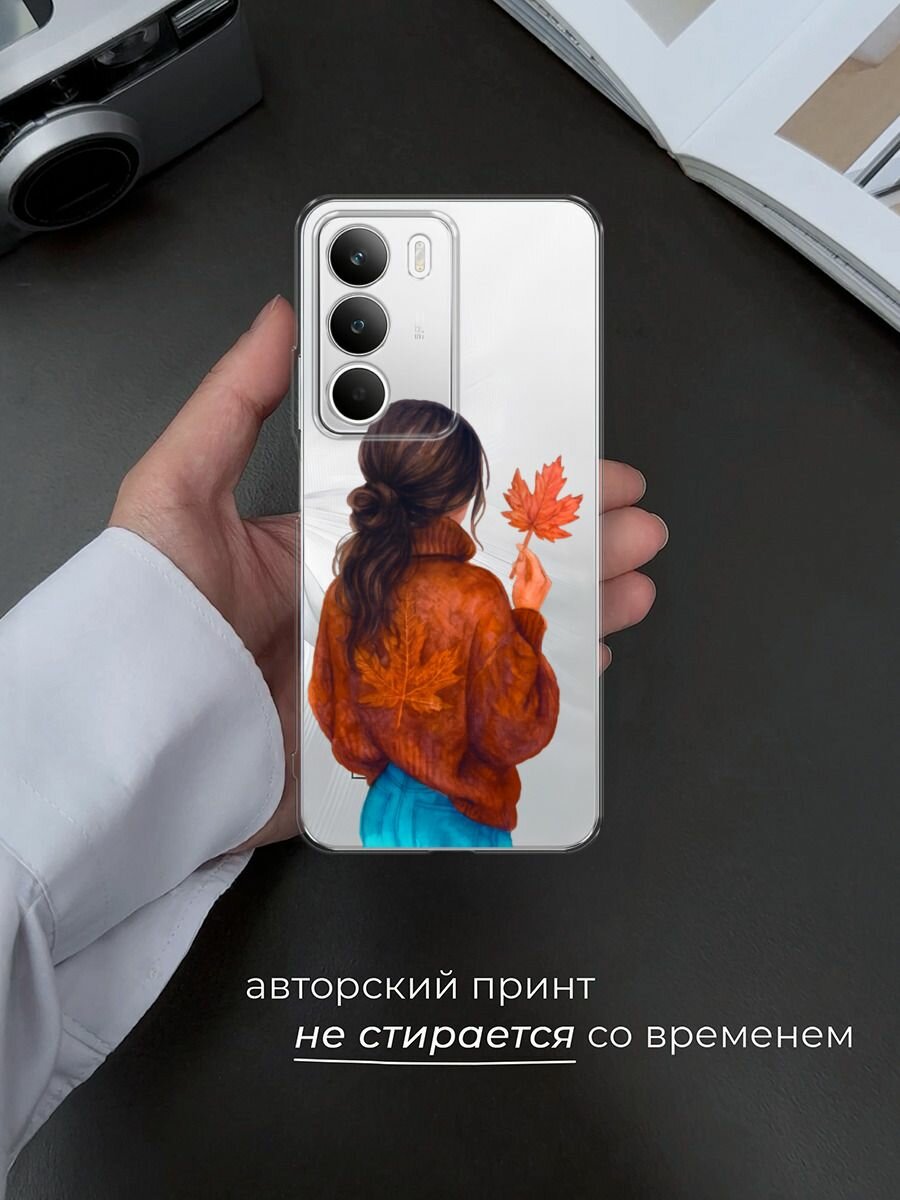 Чехол на Realme C71/P3 Lite 4G / Реалми С71/P3 Лайт 4G с принтом "Девушка с опавшим листом", прозрачный — фото 1