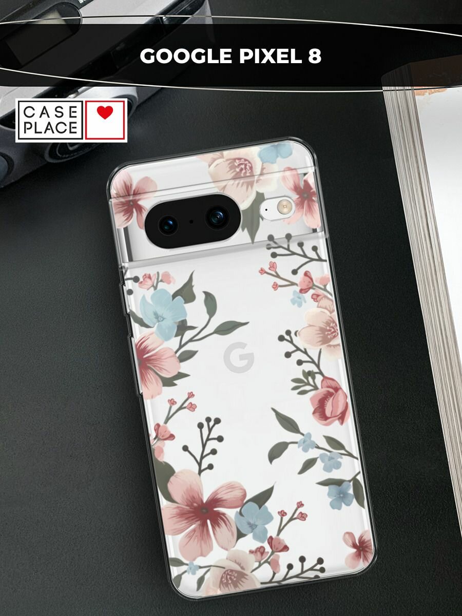 Чехол на Google Pixel 8 / Гугл Пиксель 8 с принтом "Нежная рамка из цветов", прозрачный