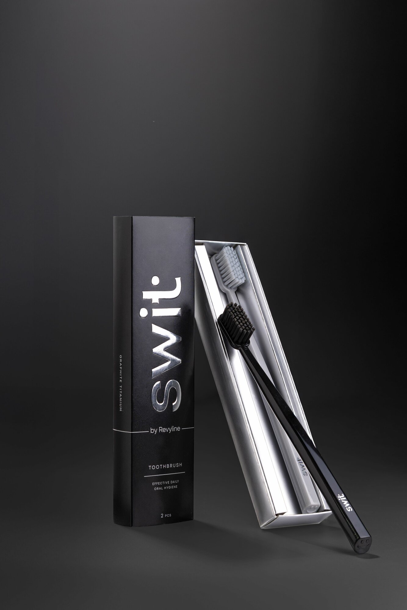 Зубная щетка SWIT by Revyline SM6000, Графит+Серебро, средне-мягкая, взрослая, мануальная, набор 2 шт, для детей с 12 лет