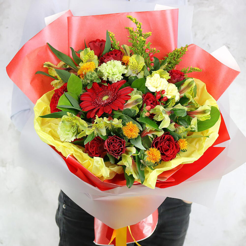 Букет Букет Маркет "Яркий", ассорти, розы, альстромерии, герберы, 45 см