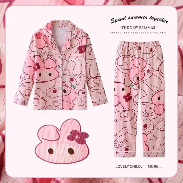 Детская пижама Sanrios Cinnamon Dog Kuromi My Melody, повседневная, весенняя, для дома, с длинными рукавами и воротником, кардиган, пижамные штаны для девочек, Размер:14 Рост 130-140см