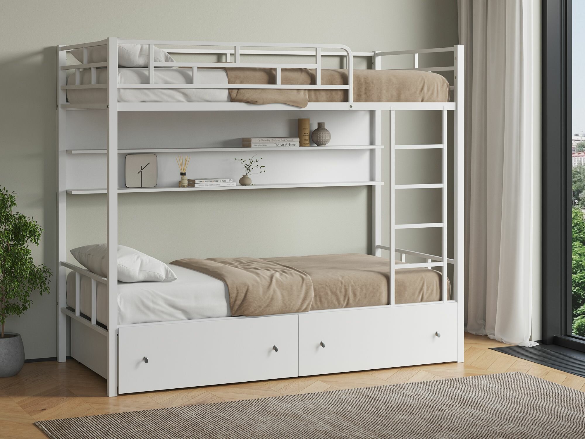 Двухъярусная кровать "Валенсия" Белая с ящиками и полками Белый