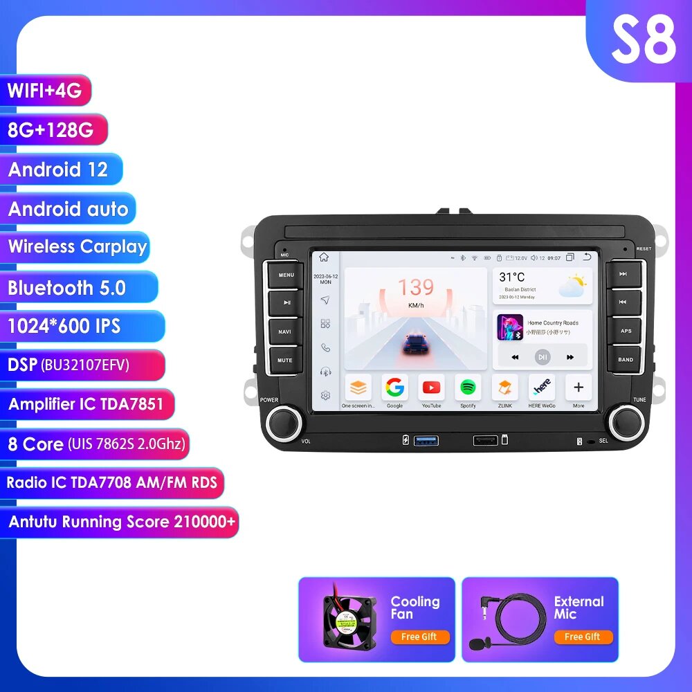 Автомагнитола Android 12, 10.24" IPS, 8G/128G, S8-4G