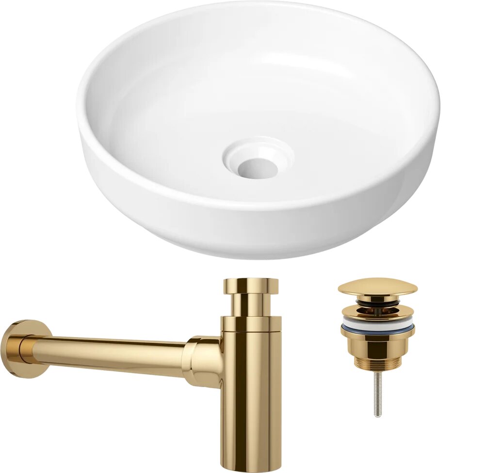 Комплект 3 в 1 Накладная раковина Lavinia Boho Bathroom Sink Slim 33311005 40 глянцевая белая / Донный клапан Wellsee Drainage System 182141000 золото / Сифон 182126000 бутылочный, золото