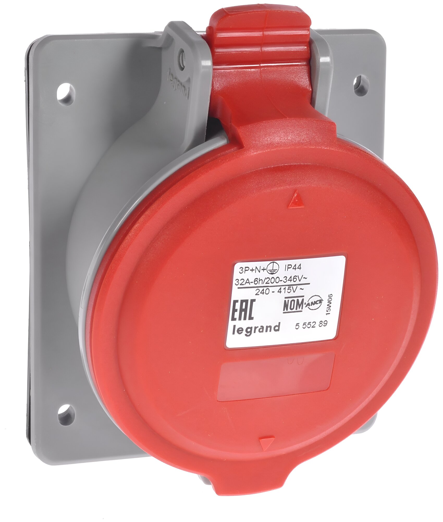 Розетка встраиваемая наклонная Legrand P17 Tempra Pro, IP 44, 380/415 В~, 32A, 3К+Н+З, арт. L555289, цвет серый/красный