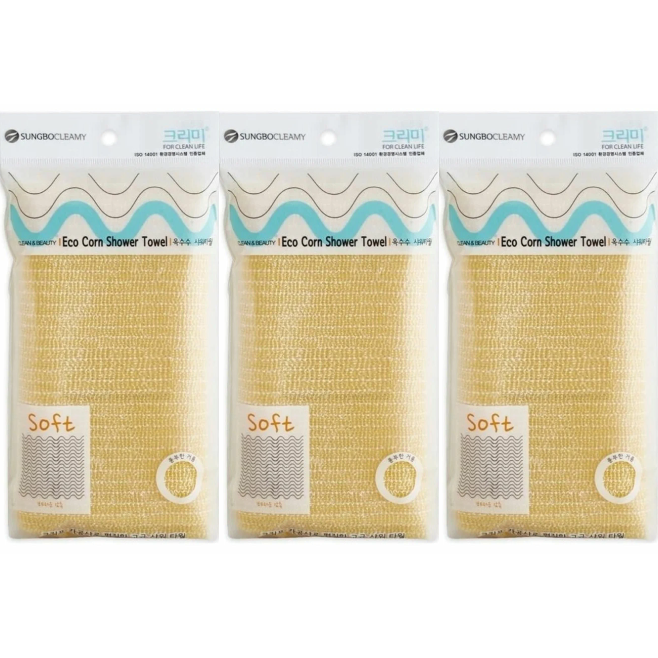 Мочалка Sung Bo Cleamy с плетением Волна и волокнами кукурузы Eco Corn Shower Towel, мягкая, 24х100см, 3шт