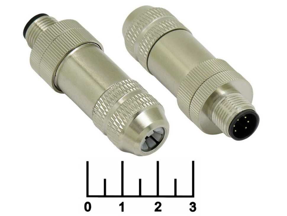 Разъем 6pin штекер влагозащищенный на кабель IP67 M12 PG7 металл (M12PB-6A)