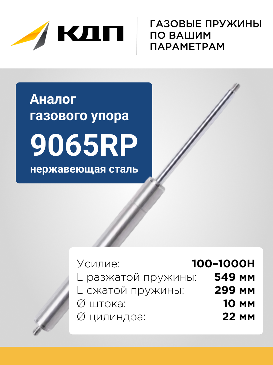 Газовый упор КДП 9065RP (подходит для замены Stabilus Lift-O-Mat 9065RP), 100 – 1000Н, длина 549/299, из нержавеющей стали, универсальные с резьбой