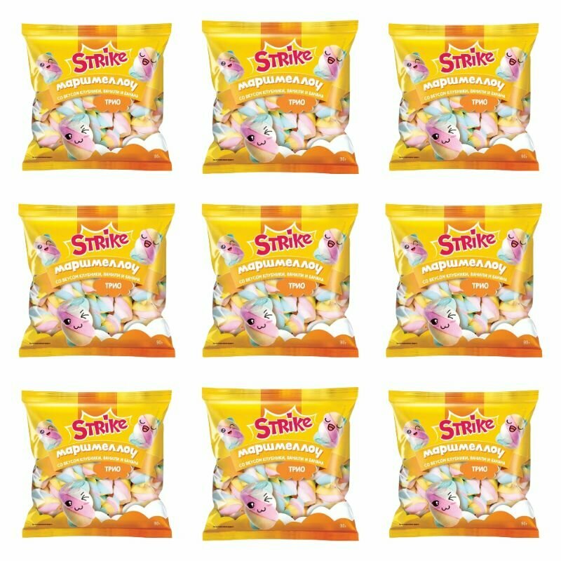 Strike Trio маршмеллоу, bananastraw vanilla, 90 г, 9 упаковок