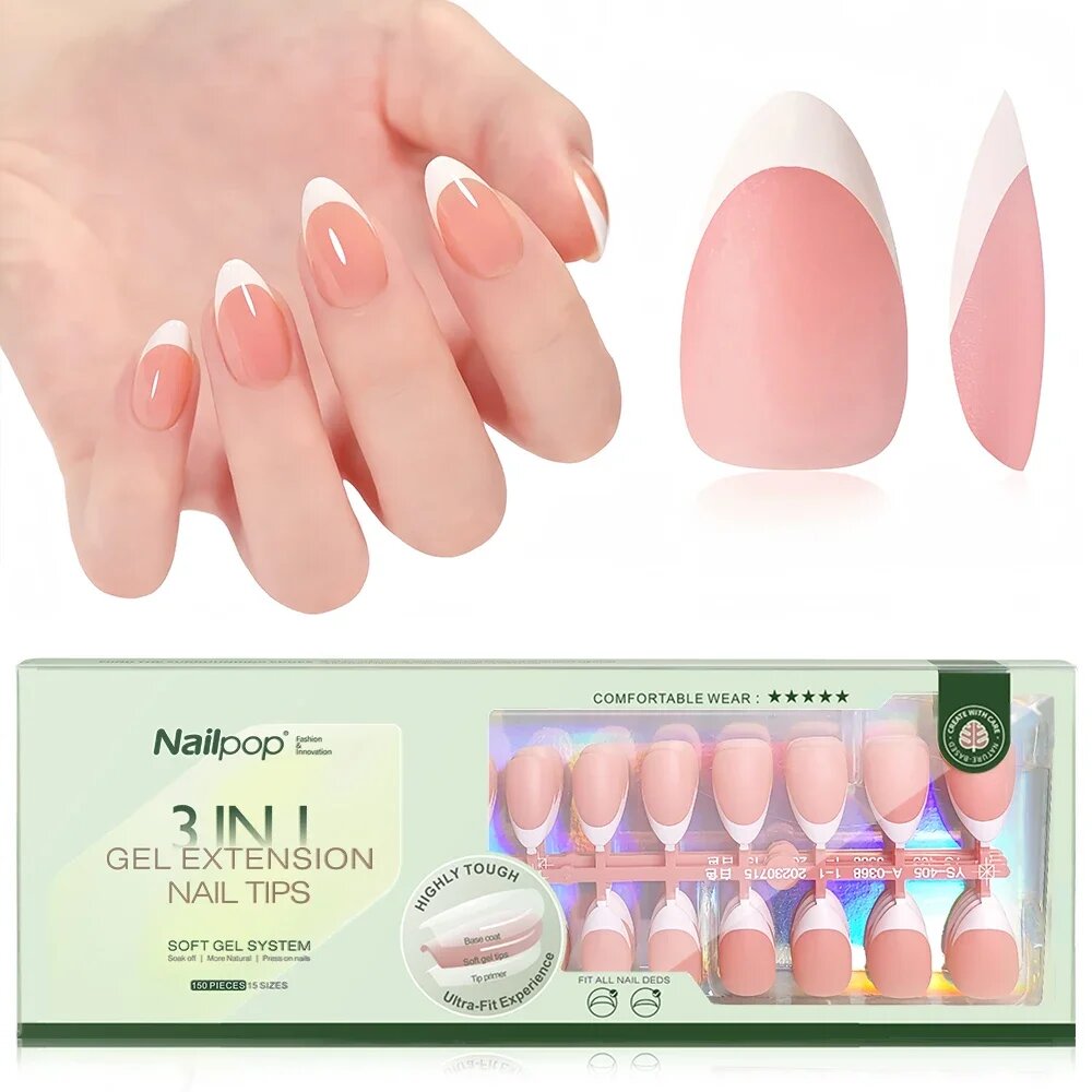 NAILPOP 150 ШТ. Короткий пресс для гроба на ногтях 3 в 1 Пальто Мягкие гелевые типсы Французский наконечник Пресс на ногтях 15 размеров дизайна ногтей DIY