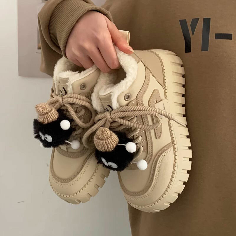 Женские зимние ботинки с толстой нескользящей подошвой, симпатичные, с угольным шариком, новый стиль, универсальные, для студентов, увеличивающие рост, повседневная верхняя одежда из хлопкаРазмер обуви. EU:36