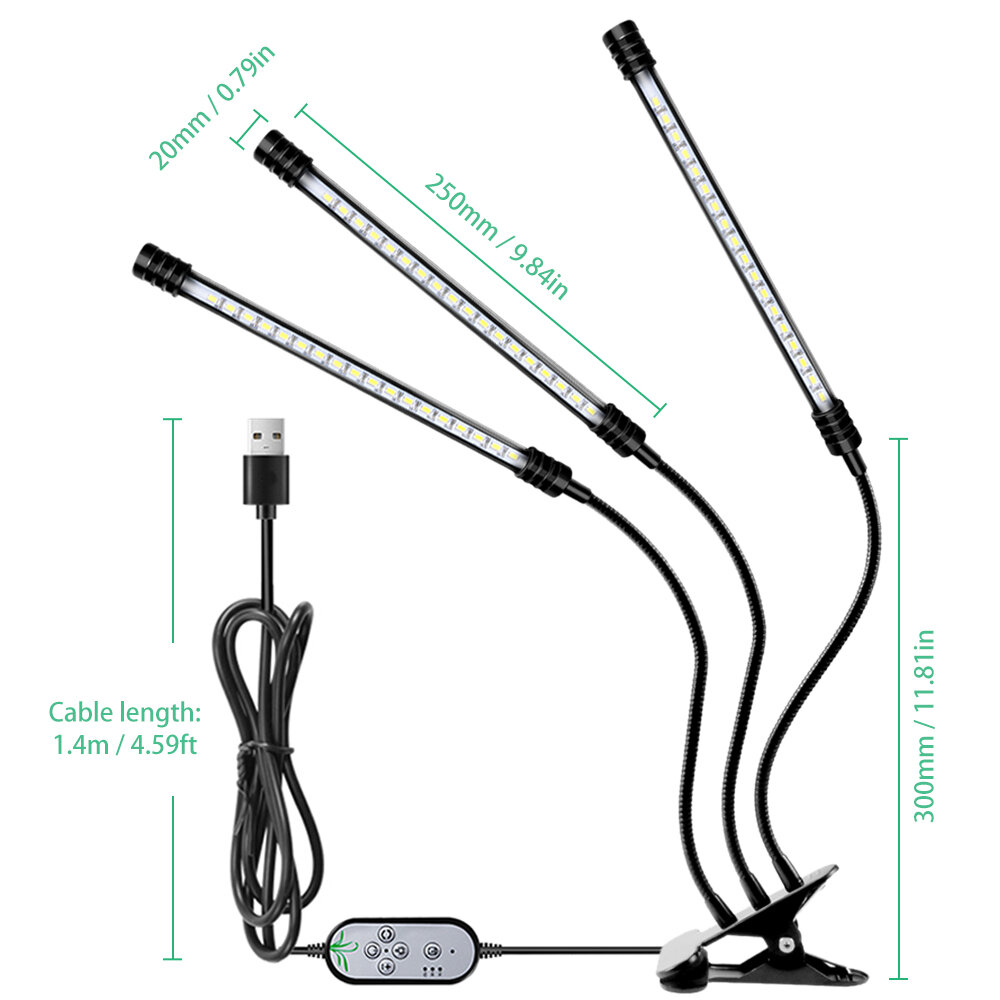 USB-светильник для выращивания растений, солнечный белый, полный спектр освещения, регулируемый угол наклона, настольный зажим, лампа для выращивания комнатных растений, 5 уровней регулировки яркости, таймер 4/8/12 ч