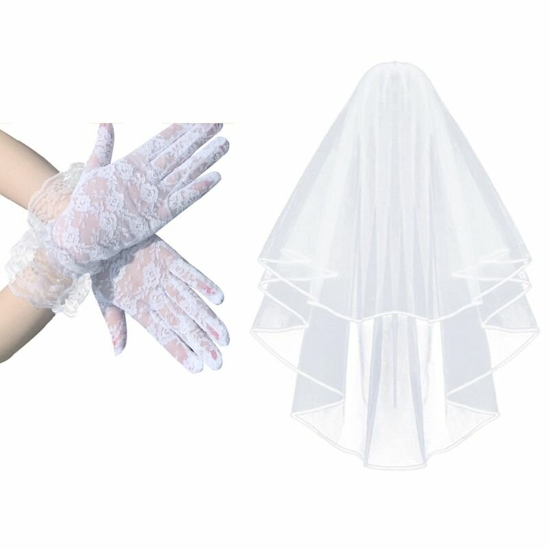 Кружевные короткие перчатки с вуалью-белый