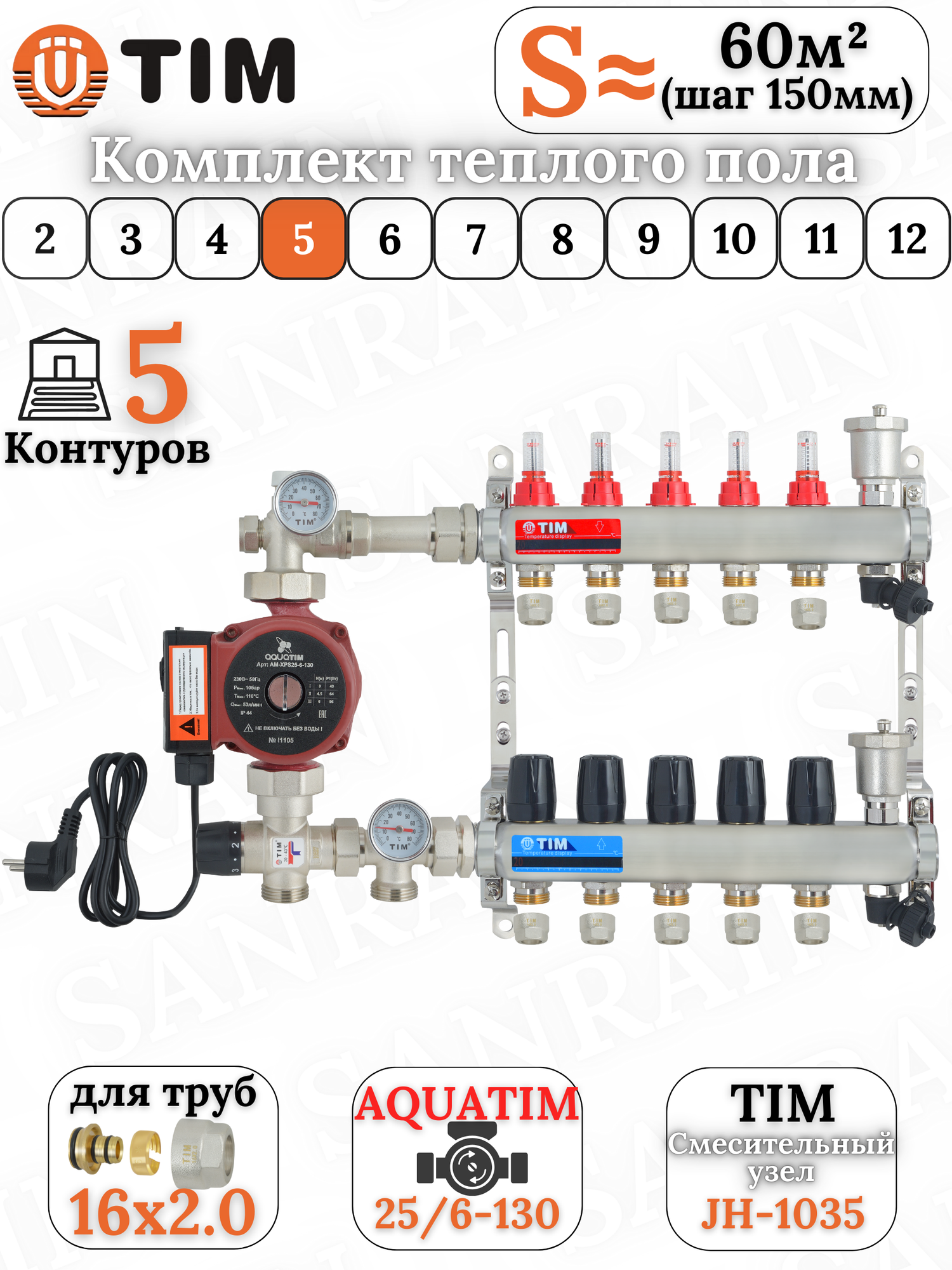 Комплект теплого пола TIM (Коллектор 5 выходов с расходомерами 1" - 3/4" + узел JH-1035 + насос 25-60 130 + евроконусы)